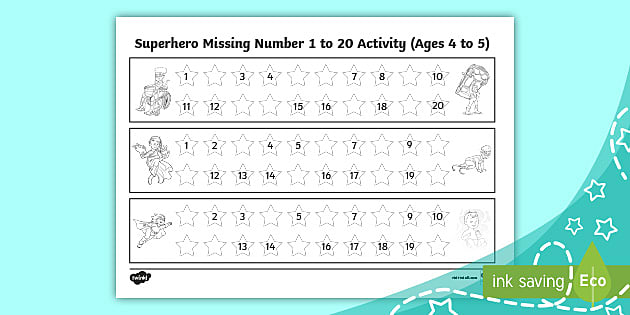 👉 Superhero Missing Number 1 to 20 Activity (Ages 4 to 5)