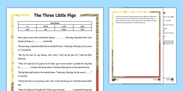 The Three Little Pigs Traditional Tale Cloze Procedure Differentiated