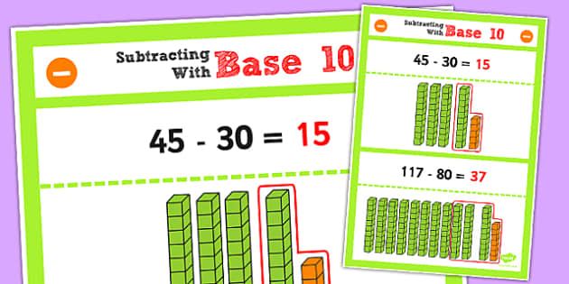 Year 2 Subtracting 2-Digit Numbers and Tens Using Base Ten Poster