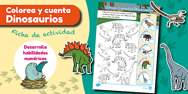 Ficha de actividad: Colorea y cuenta - Dinosaurios - Twinkl