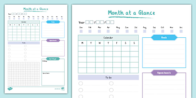 Month At A Glance Planner Template ELC - Twinkl