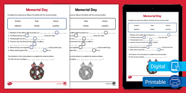 Memorial Day Missing Words Worksheet for K-2nd Grade