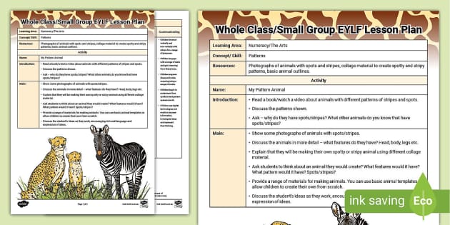 Pattern Animals Whole Group EYLF Lesson Plan (teacher made)