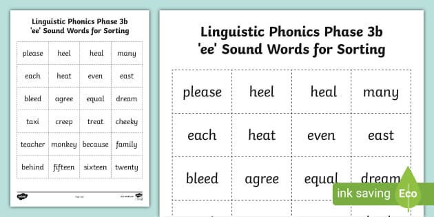 Northern Ireland Linguistic Phonics 3b 'ee' Sound Words for Sorting Sheet