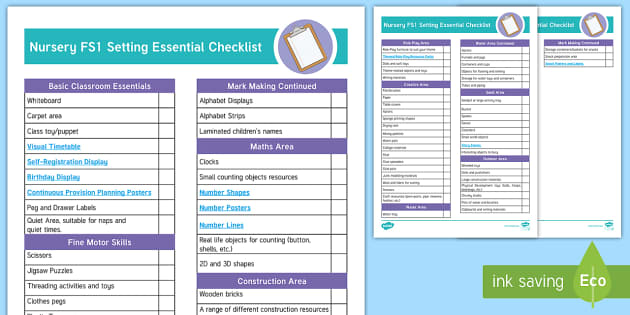 Preschool Nursery (Ages 3-4) Setting Essentials Checklist