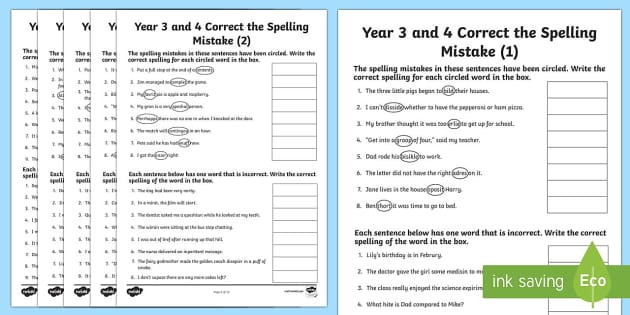 Correct the Spelling Mistakes Worksheet Pack - Year 3 & Year 4