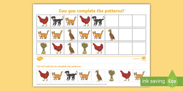 The Little Red Hen Complete the pattern worksheets - Twinkl