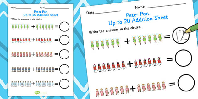 FREE! - Peter Pan Up to 20 Addition Sheet (profesor hizo)