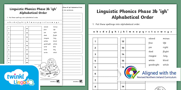 Linguistic Phonics Phase 3b 'igh' Alphabetical Order
