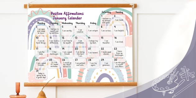 Positive Affirmations January Calendar Muted Rainbow Poster