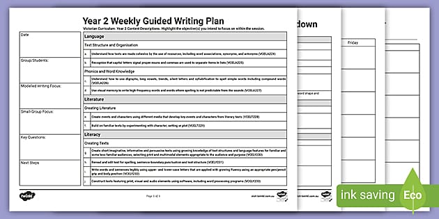Year 2 Victorian Curriculum Guided Writing Session Planning Template