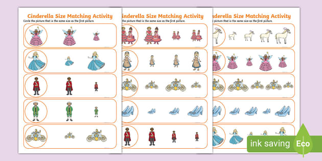 Higher Ability Cinderella Size Matching Worksheets - Twinkl