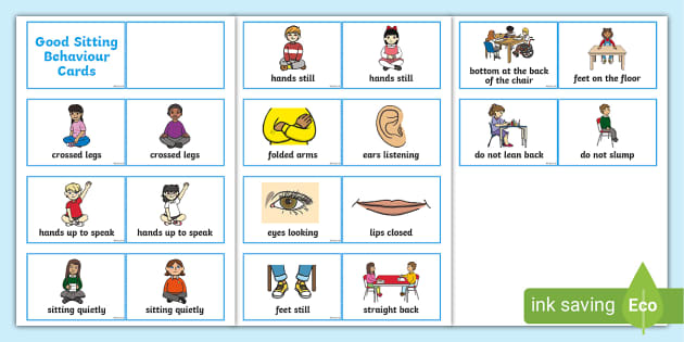 Lanyard-Sized Pictorial Good Sitting Cards - (teacher made)