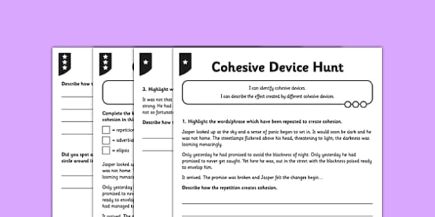 Cohesive Device Hunt Differentiated Worksheet / Worksheet Pack