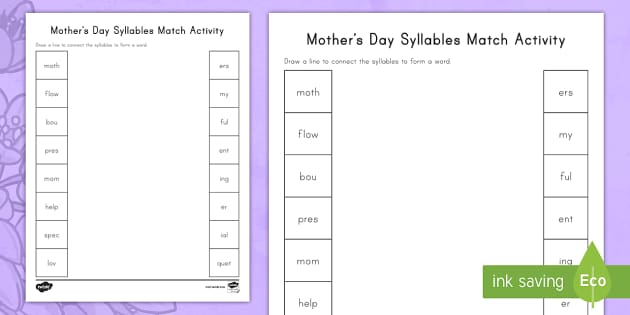 * NEW * Mother's Day Syllables Match Activity - Counting Syllables ...