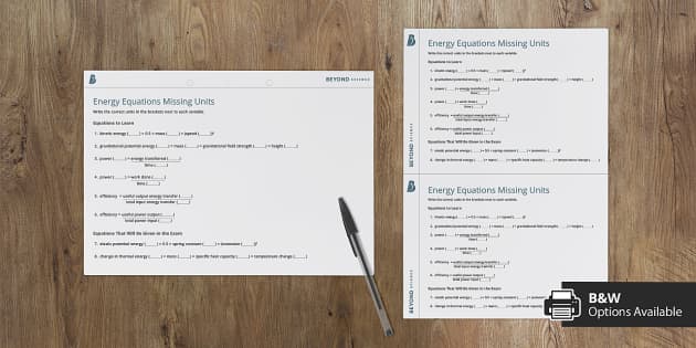 Energy Equations Missing Units Worksheet | Physics | Beyond