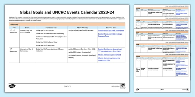 Scottish Events Calendar with Global Goals and UNCRC 2024-25