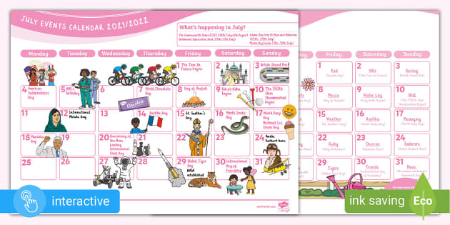 July Events and Play-Along Calendar Pack 2022 (teacher made)