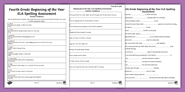 Fourth Grade Beginning of the Year ELA Spelling Assessment