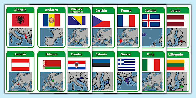 European Country Shapes and Flags Flashcards - Twinkl
