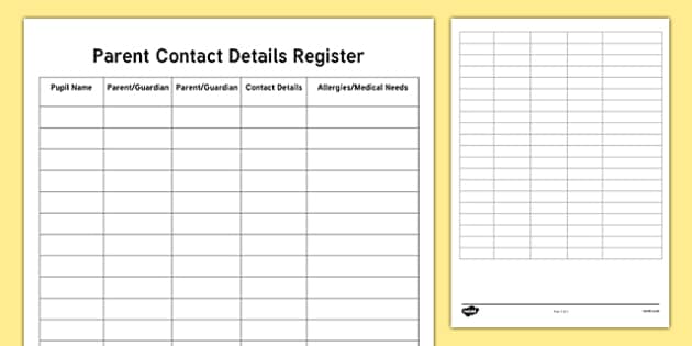 Editable ROI Teacher Parent Contact Details Checklist