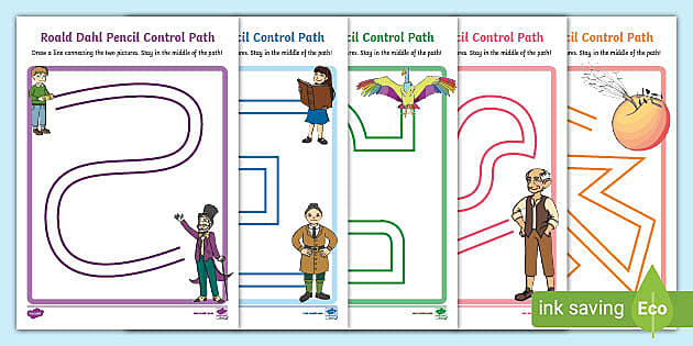 Roald Dahl Themed Pencil Control Path Worksheets - stories