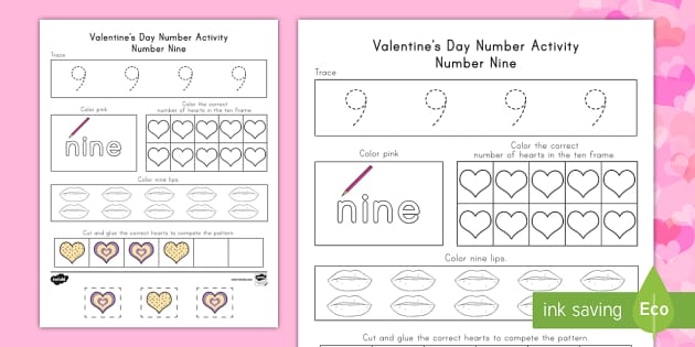Valentine's Day Number Nine Worksheet / Activity Sheet - Valentine's ...