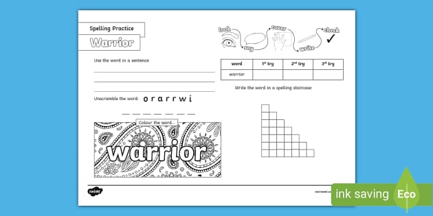 Warrior Spelling Practice Worksheet (teacher made) - Twinkl