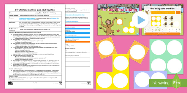 EYFS Maths: The 'One More Than' Monkey Whole Class Adult Input Plan and