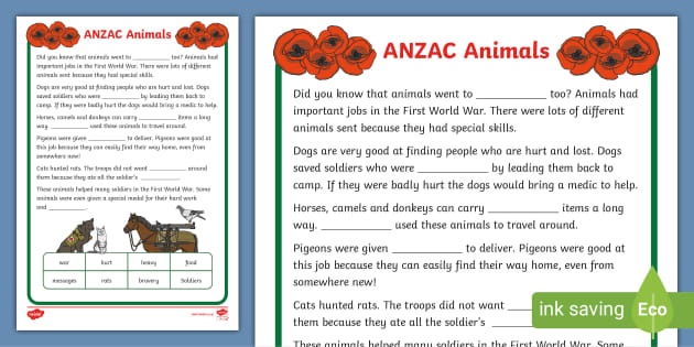 ANZAC Animals Cloze Activity (teacher made) - Twinkl