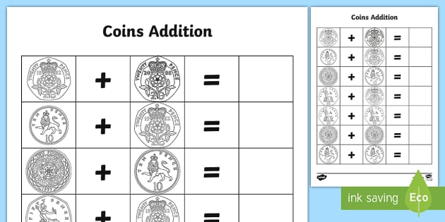 Coins Addition Worksheet / Worksheet - currency, lifeskills, money
