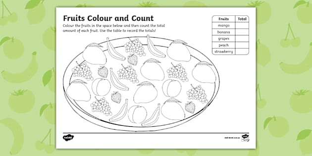 Fruits Colour and Count Worksheet (teacher made) - Twinkl