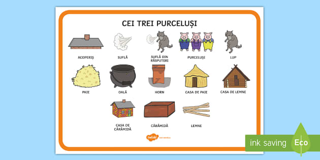 Cei trei purceluși Planșă cu vocabular - Twinkl