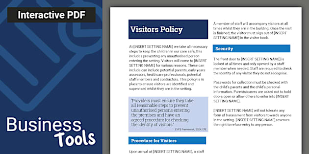 Visitors Policy and Procedure for Private Early Years Settings