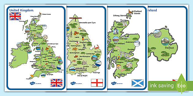 Beautifully Illustrated Map Of UK A4 Display Poster
