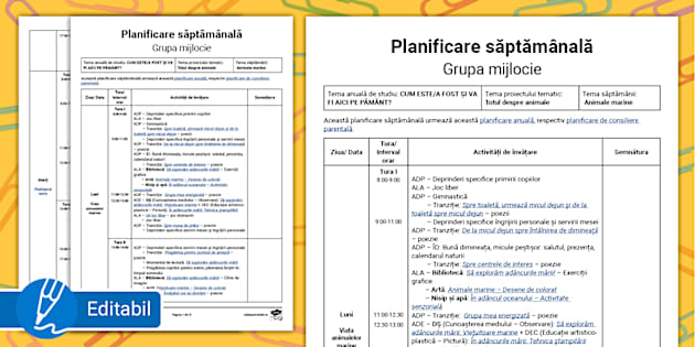 FREE! - Animale marine Model planificare săptămânală grupa mijlocie