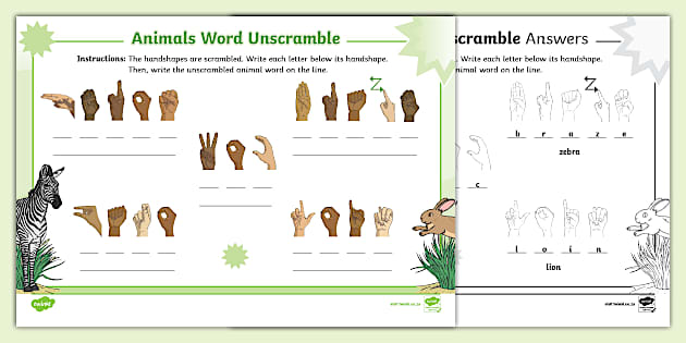 SASL Animals Word Unscramble Worksheet (teacher made)