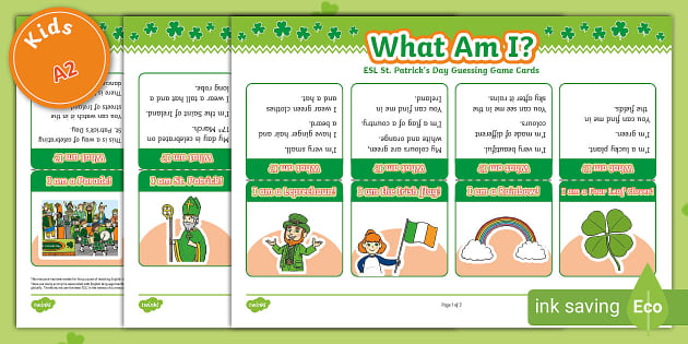 ESL St. Patrick's Day 'What Am I?' Guessing Cards [Kids, A2]