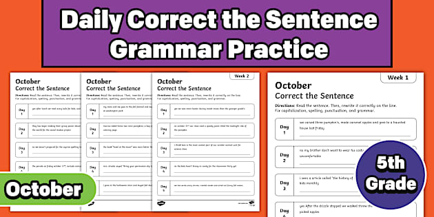 Fifth Grade October Daily Correct the Sentence Grammar Practice