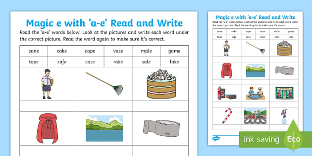 Magic e with 'a-e' Read and Write Worksheet (teacher made)
