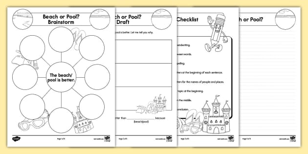 First Grade Beach or Pool Opinion Writing Prompt Activity