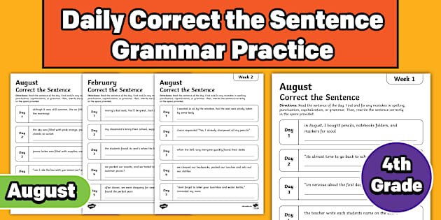 Fourth Grade August Daily Correct the Sentence Grammar Practice Worksheets