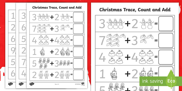 Christmas Trace Count and Add Worksheet / Worksheet - Twinkl