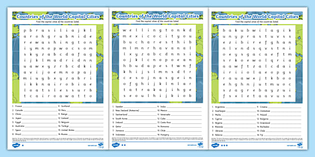 Countries of the World Capital City Word Search - Twinkl