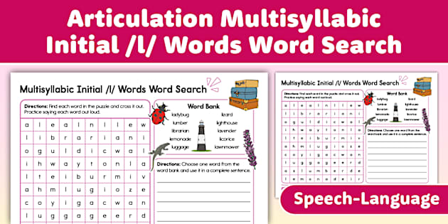 Articulation Multisyllabic Initial /l/ Words Word Search
