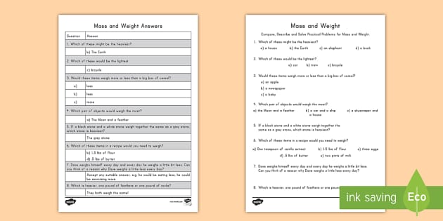 Comparing Weight and Mass Word Problems - Math - Twinkl