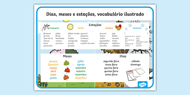 Dias, meses e estações, vocabulário ilustrado portuguese