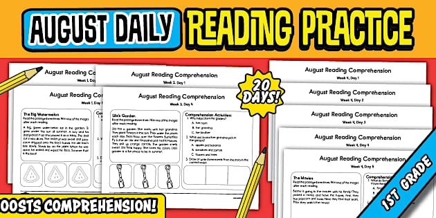 First Grade August Daily Reading Comprehension Mats - Twinkl