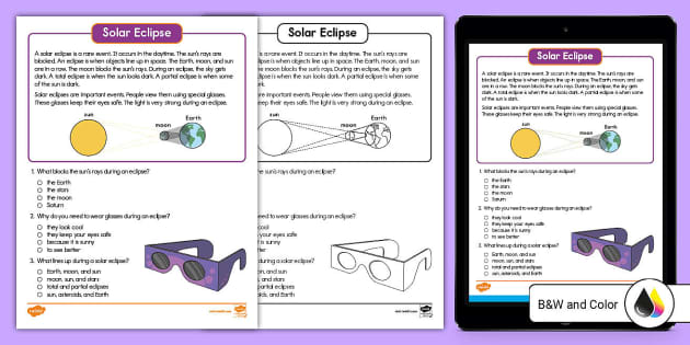 Solar Eclipse Reading Passage Comprehension Activity
