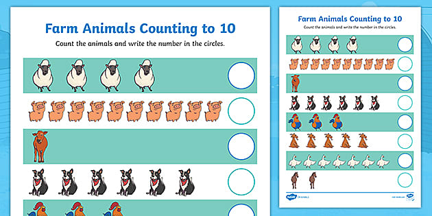 👉 Farm Animals Counting to 10 Worksheet (teacher made)